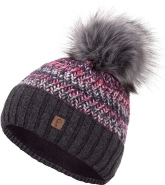 Faera Winterm&uuml;tze M&uuml;tze Damen gef&uuml;ttert mit Kunstfell Bommelm&uuml;tze Bommel Fleecefutter Winter Strickm&uuml;tze Beanie M&auml;dchen, Farbe:Anthrazit