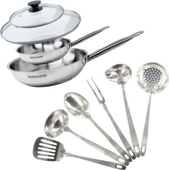 Fackelmann 9440350 Set po&ecirc;les 20 et 28 cm en inox 18/8, Couvercle verre et 6 ustensiles inox, Po&ecirc;le tous feux, Po&ecirc;le induction, Po&ecirc;le sans PFAS, Manche rivet&eacute;, I