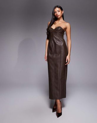 Asos Midi-Bleistiftkleid aus Kunstleder in Schokobraun mit geraffter Brustpartie und Ziern&auml;hten-Brown