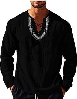 Generic T-shirt pour homme - Pull ample r&eacute;tro - Style ethnique d&eacute;contract&eacute; - Manches longues - Lin - Col montant, Noir, XXL