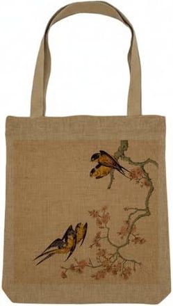 Fabulous Sac Shopping Tote Bag Aspect Lin - Hirondelles et Sakura Illustration Japonais Traditionel Design Estampe - Sac de Courses Toile Epaisse 360g Beige Na