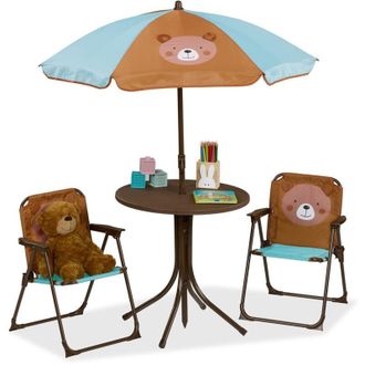 Relaxdays Relaxdays - Salon de jardin, enfant, table, chaises, parasol, pour un petit fan dours, pour plage ou camping, marron