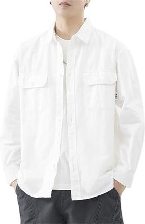 Generic Chemise de travail d&eacute;contract&eacute;e &agrave; manches longues/courtes en coton avec deux poches poitrine pour homme printemps et automne, WHITE-A, 3XL