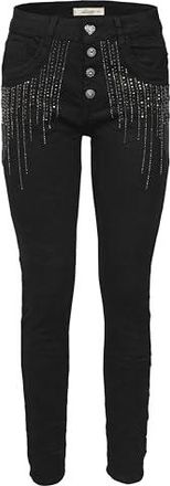 Jewelly Jean pour femme avec applications en strass | Jean stretch &agrave; cinq poches au look crash | Pantalon Boyfriend et boutonni&egrave;re visible, Noir, W36
