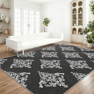 Generic Tapis 120 x 180 cm Damas R&eacute;tro Peint &Agrave; La Main Doux Moelleux Robuste Facile &agrave; Nettoyer Moderne pour Chambre Couloir, Gris Fonc&eacute;