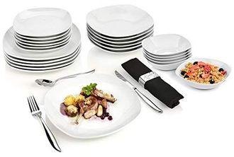 S&auml;nger | Service de table Bilgola blanc, 24 pi&egrave;ces en porcelaine pour 6 personnes, set dassiettes carr&eacute;es, assiettes plates | Collection Premium