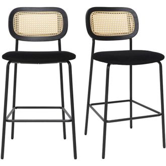 Miliboo Tabourets design en velours noir, m&eacute;tal noir et cannage rotin (lot de 2) MIRANDA