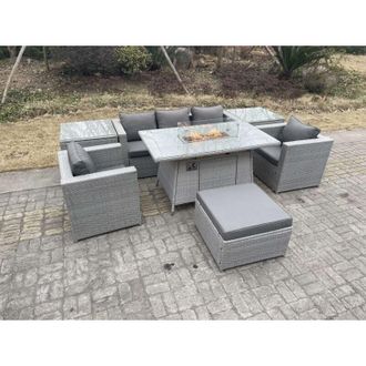 Fimous 6-Sitzer Polyrattan Gartenm&ouml;bel Set im Freien Gas Feuertisch Sofa Sets mit 2 Sessel 2 Beistelltisch Gro&szlig;er Hocker Helles Grau - Fimous