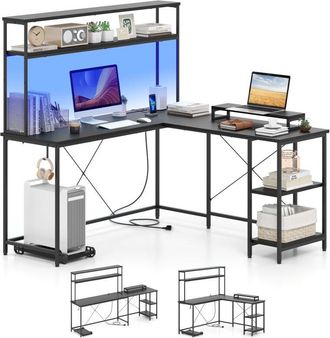 Costway Costway - Bureau dOrdinateur Reversible en Forme de l avec Bande led et Prises de Courant, Support pour Écran & cpu, Crochet pour Casque, Noir