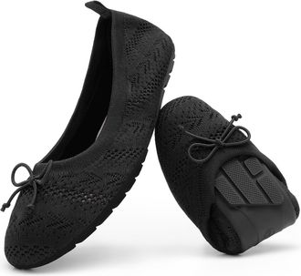 Dream Pairs Damen-Ballerinas, Faltbare Ballerinas f&uuml;r Frauen, Bequeme, leichte Schlupfschuhe aus Strick mit Schleife und runder Zehenpartie,Size 38.5,Schwarz,DWUM