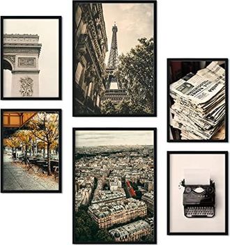 Nacnic Ensemble de 6 affiches Paris vintage. Impressions dart mural esth&eacute;tiques pour conception de chambre &agrave; coucher ou de salon. Tailles A3 et A4. Avec cadr