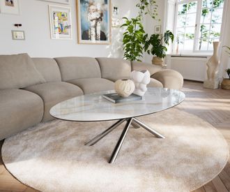 DELIFE Couchtisch Edge Oval 140x80 cm Keramik Onyx Pearl Sarity Edelstahl geb&uuml;rstet, Couchtische