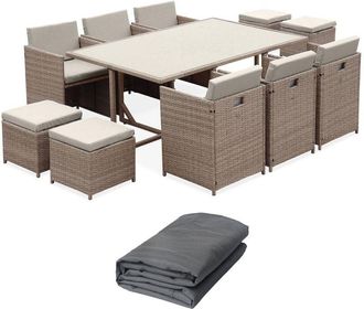 Sweeek Salon de jardin r&eacute;sine tress&eacute;e 6-10 places + Housse de protection gris fonc&eacute; polyester Beige / Beige