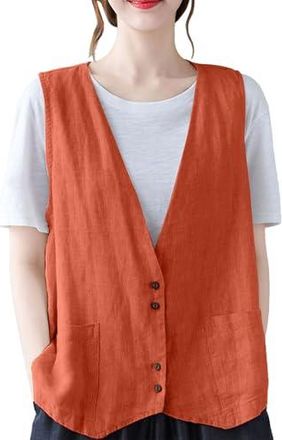 Generic Gilet en coton et lin pour femme - Décontracté - Col en V - Sans manches - Bouton sur le devant - Veste blazer avec poches, a, 4XL