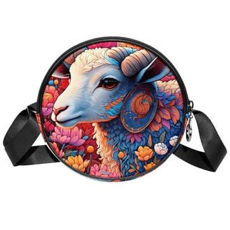 Generic Petit sac &agrave; bandouli&egrave;re rond pour femme, motif mouton color&eacute; avec fermeture &eacute;clair, bretelles r&eacute;glables, sac &agrave; main rond d&eacute;contract&eacute; pour femmes et fi