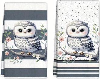 Generic Torchon de Cuisine d&eacute;coratif Motif Hibou Gris avec Motif Floral, 40 x 60 cm