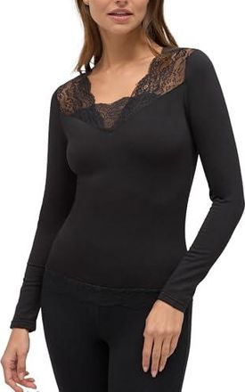 Ysabel Mora T-shirt thermique &agrave; col en V avec dentelle &eacute;l&eacute;gante et f&eacute;minine pour femme, confortable et doux, id&eacute;al par temps froid, polyvalent pour usage int&eacute;rieu