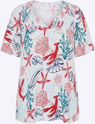 Ulla Popken Druckbluse Smok-Bluse maritimer Druck Tunika-Ausschnitt