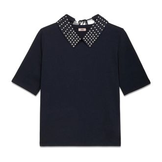 Oltre Kurzarm-T-Shirt mit Schmuckkragen - - Tops - Damen - Blau - S