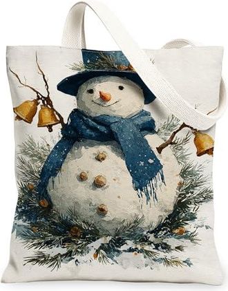 Generic Sac fourre-tout en toile motif bonhomme de neige r&eacute;utilisable, motif festif, l&eacute;ger et lavable, pour voyage, plage, pique-nique, 33 x 38 cm