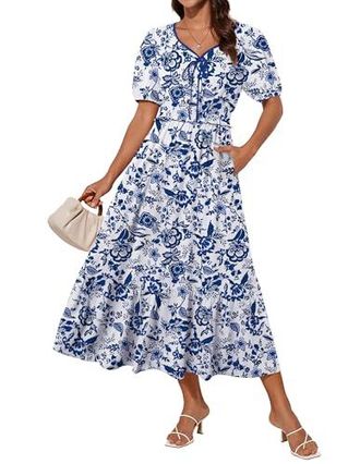 Grace Karin Robe midi &eacute;l&eacute;gante &agrave; fleurs pour femme - Manches courtes - Col en V - Taille &eacute;lastique - Robe d&eacute;t&eacute;, S