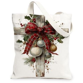 Generic Sacs fourre-tout en toile &agrave; motif floral de No&euml;l, sacs r&eacute;utilisables, l&eacute;gers et lavables avec bandouli&egrave;re, blanc, 13x15 Inch