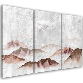 Feeby 3-teilig Leinwandbild XXL 120x80 cm Landschaft Abstraktion Berge Wandbild Kunst Bilder Schlafzimmer Deko Wohnzimmer V&ouml;gel Textur Grau