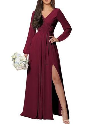 Generic Robe de demoiselle dhonneur à manches longues avec fente plissée en mousseline de soie pour femme, Rose désert, 52 Grande taille