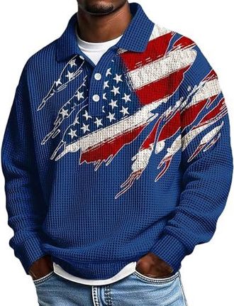 Generic Sweat-shirts pour homme avec imprim&eacute; drapeau des &Eacute;tats-Unis, hauts d&eacute;contract&eacute;s &agrave; manches longues et col &agrave; revers, pull grande taille, doux &agrave; porter, 
