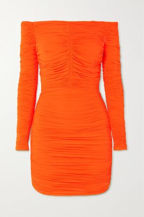 Alex Perry Hadley Schulterfreies Minikleid Aus Gerafftem Stretch-jersey - Orange