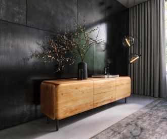 DELIFE Lowboard Shavani 175 cm Akazie Natur 2 T&uuml;ren 2 Schubladen Rundfu&szlig; Metall Schwarz, Lowboards