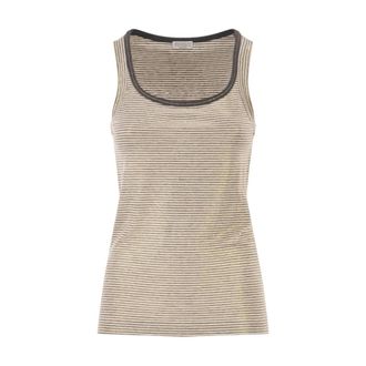 Brunello Cucinelli Gestreiftes Lam&eacute;-Jersey-Oberteil aus Leinen - - Tops - Damen - Beige - L