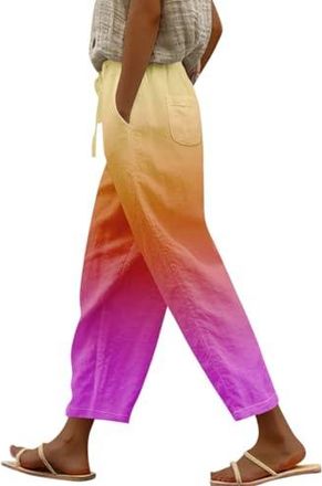 Generic Pantalon en coton et lin pour femme - Jambe large - Pantalon de plage d&eacute;t&eacute; pour femme - Confortable - Pantalon de yoga Palazzo XIYU26009, jaune, 3XL