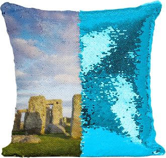 Fabulous Kissen mit Paillettenbezug T&uuml;rkis Stonehenge Dolmen UNESCO Weltkulturerbe Urgeschichte