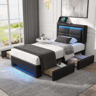 Generic Multifunktionsbett mit Ladestation (USB/kabellos) - LED-Beleuchtung, 4 Schubladen und schwarzes PU-Finish - 90x200 (Streichh&ouml;lzer Nicht im Lieferumfan
