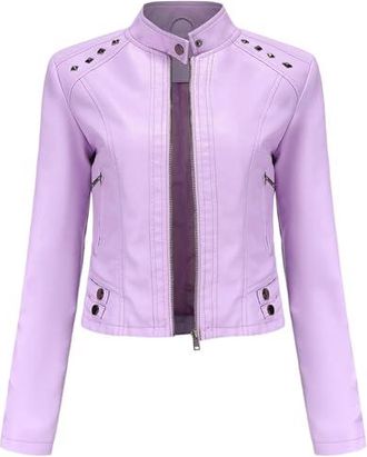 Generic Vestes en similicuir matelass&eacute; &agrave; manches longues pour femme - Manteaux &agrave; revers et fermeture &eacute;clair - Manteau de motard pour moto, rose, XXL