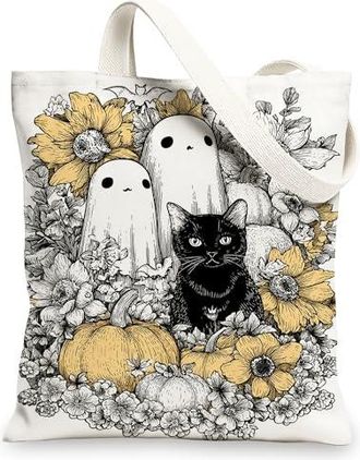 Generic Sacs fourre-tout en toile motif fantôme et chat, motif floral artistique, sacs de courses réutilisables, fantaisie, vintage, légers et lavables, sacs 