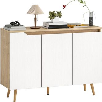 HOMCOM Buffet de cuisine - HOMCOM - 3 portes, &eacute;tag&egrave;res r&eacute;glables - panneaux de particules et bois dh&eacute;v&eacute;a - 107x35x76,5cm - blanc et ch&ecirc;ne