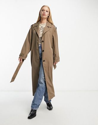 Only Only - Longline-Trenchcoat in Mokka-Braun