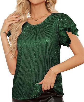 Grace Karin Chemisier Femme Manches Courtes Chemisier &Agrave; Paillettes Chemise &Agrave; Paillettes De F&ecirc;te &Eacute;l&eacute;gant CL2846 Vert fonc&eacute; S