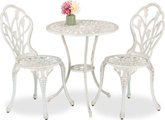 Relaxdays Gartenmöbel Set, 3-teilig, Tisch & 2 Stühle, Aluguss, Balkonmöbel Antik-Design, Garten Sitzgruppe, weiß/Bronze