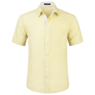 Hisdern Herren Gelb Hemd Kurzarm Freizeithemd Businesshemd Herren Kurzarm Hemden Regular Fit B&uuml;gelfreies Herrenhemd mit Brusttasche,3XL
