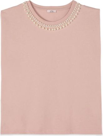 Oltre Femme, Tops, Rose, Taille: 40 FR T-shirt en coton avec perles