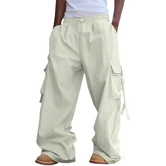 Generic Pantalon cargo pour homme, coupe ample, couleur unie, jambes larges, multi-poches, pantalon d&eacute;contract&eacute;, beige, 3XL