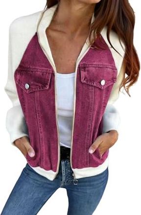 Generic Blouson bomber en jean pour femme avec fermeture &eacute;clair en patchwork style baseball d&eacute;contract&eacute;, violet/blanc, XXL