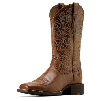 Ariat Womens Round Up Remuda Wide Square Toe Western Boots in Aged Tan Leather, B Medium Width, Size 37.5, by Ariat