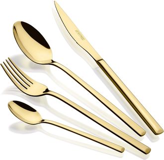 Monix Verona Gold | 24-teiliges Besteckset, Edelstahl 18/10, avantgardistisches und modernes Design, gl&auml;nzendes Gold poliert, St&auml;rke 3 mm (6 Personen)