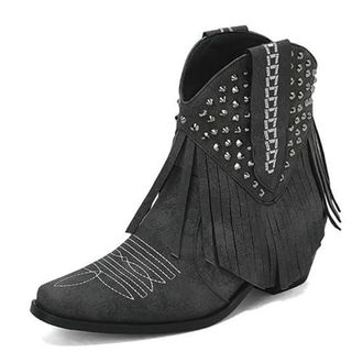 Generic Bottines western cowgirl pour femme avec pompon et broderie à enfiler rétro bout carré Chunky Hee Chaussures dhiver, gris, 38.5 EU