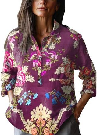 Generico Chemise Femme Curvy &agrave; Manches Longues Blouse en Lin Coton D&eacute;contract&eacute; Grande Taille T Shirt Col en V Mode Chemises Vintage Fantaisie avec Boutons Clas