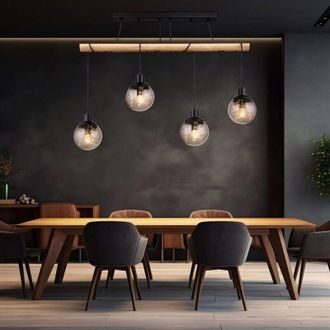 Globo Lighting Pendelleuchte 4 flammig Hängelampe Esstisch Holzlampe Glas Wohnzimmerlampe zum verstellen, Metall Kunststoff, schwarz braun, 4x E27 Fassungen, LxBxH